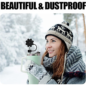 2 Pack Flower Straw Cover Cap for Stanley Cup Cute Silicone Straw Topper Compatible with 30&40 Oz Tumbler with Handle,Straw Tip Covers 10mm 0.4in Diameter (Black and White Flower)