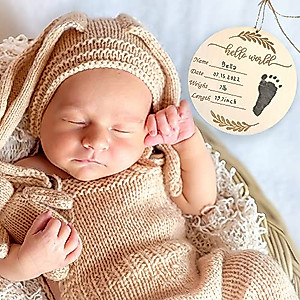 Wooden Baby Announcement Sign, hello world newborn sign, Birth Announcement Sign with Ink Pad, Baby Name Announcement Sign Newborn for Nursery Gift Baby Photo Prop Shower Keepsakes (Brown)