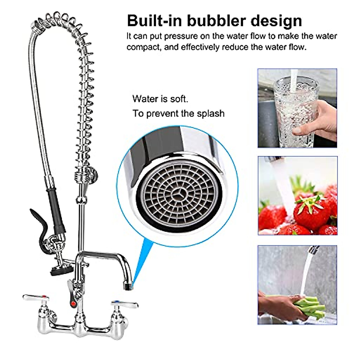 36" Height Commercial Sink Faucet with Pre Rinse Sprayer, 8 Inch Center Commercial Wall Mount Kitchen Faucet with 12” Swing Spout 3 Bay Commercial Compartment Sink Faucet for Restaurant Industrial