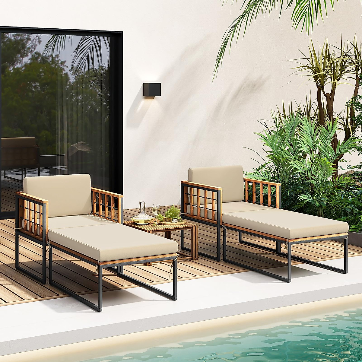 Tangkula Outdoor Chaise Lounge Chair, Acacia Wood Heavy Duty 1200 lbs Weight Capacity Wooded Patio Chair and Ottoman Set for Backyard, Poolside, Garden Deck or Balcony