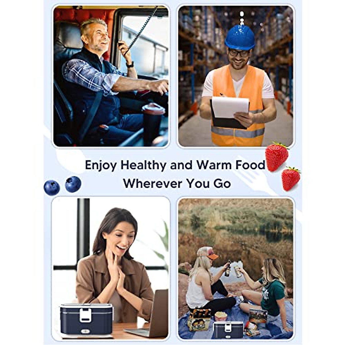 Aokoka Electric Lunch Box 75W Food Heater 12V 24V 110V Heated Lunch Boxes for Adults, Portable Food Warmer Lunch Box for Car Home Work 1.8L Self Heating Lunch Box with Fork and Spoon