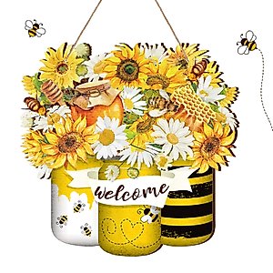 Spiareal Bee Welcome Wood Door Yellow Bee summer Hanger Wooden Sign Farmhouse Wall Porch Art Summe Wreath Hanging for Front Door Decoration