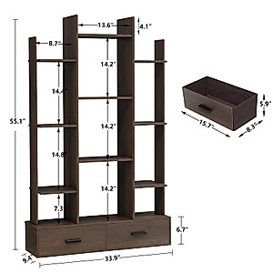 WEENFON Unique Bookcase with 1 Large Drawer, Tree-Shaped Bookshelf with 12 Storage Shelves, Open Standing Ladder Shelf, Bookshelf for Bedroom, Living Room, Office, Dark Brown