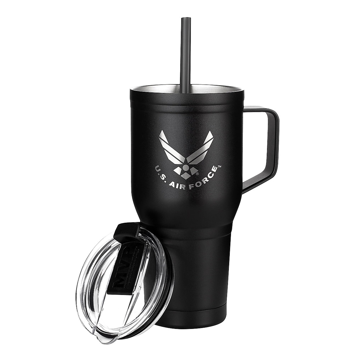 Military Veteran Products 30 Oz USAF Black Double Wall Vacuum Insulated Stainless Steel Air Force Tumbler with Handle | Travel Mug with Leakproof Lid