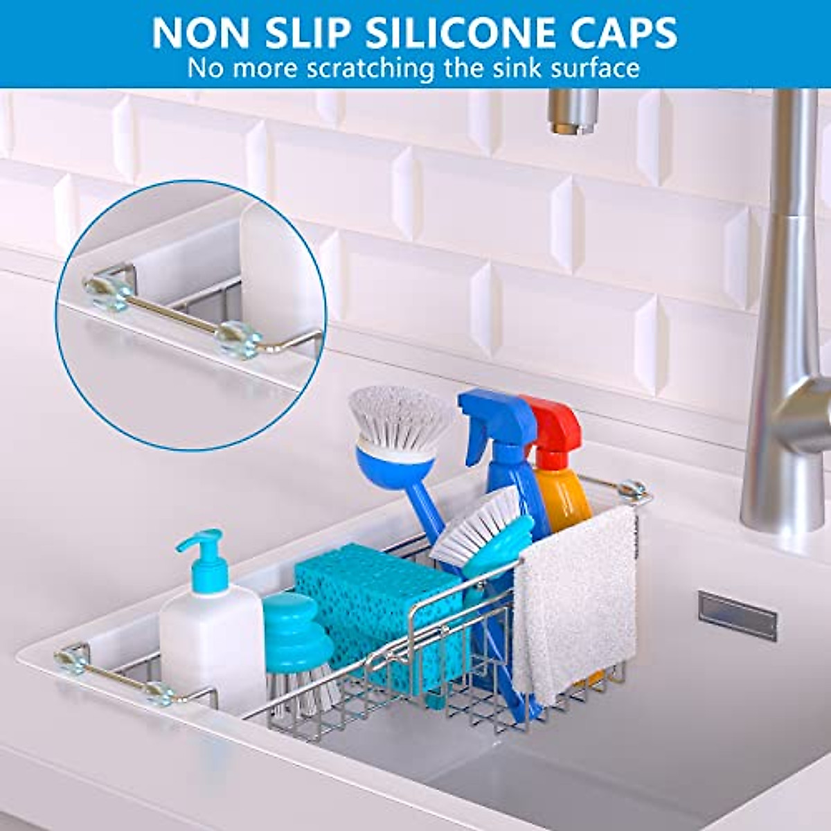 FixOwl Over The Kitchen Sink Caddy Kitchen Sink Organizer Sponge Holder 304 Stainless Steel Expandable Over Sink Rack 12.25" to 17.25"