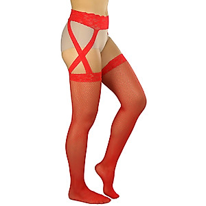 ToBeInStyle Women’s Flirtatious Hip Criss Cross Lace Fishnet Garter Belt Stockings - - Red (Queen)