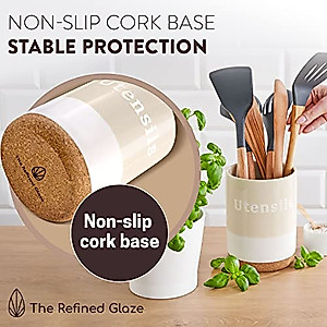 The Refined Glaze Farmhouse Utensil Holder for Countertop - Ceramic Farmhouse Utensil Holder (7in x 5in) - Large Elegant Kitchen Storage Organizer for Spatulas and Spoons (Beige and White)