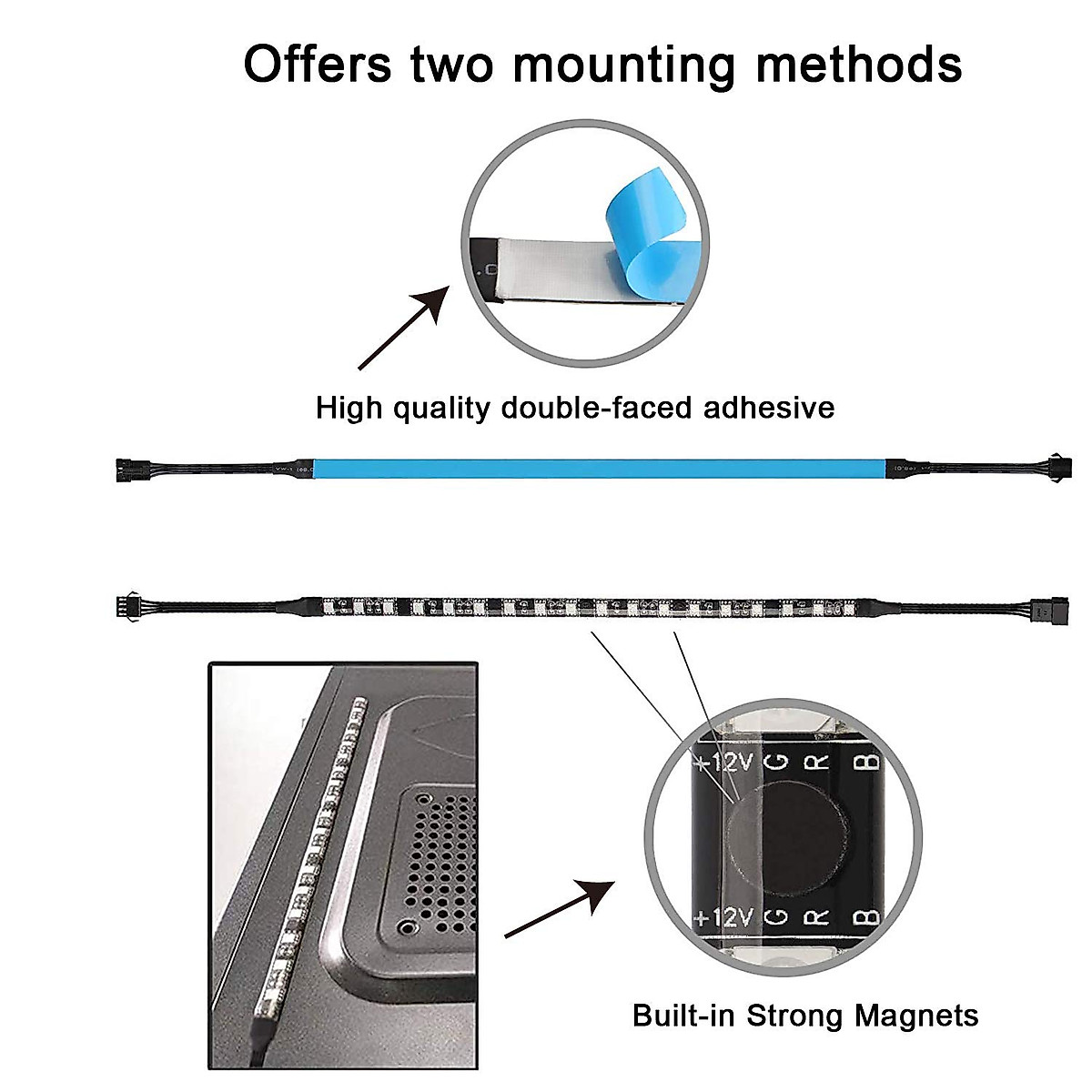 airgoo PC RGB LED Strip Light, 36 LEDs 2pcs 12inch Magnetic LED Strip for Motherboards 12V 4Pin RGB LED Header, Easy to Install with Magnets or Back Self-Adhesive