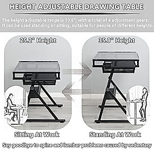 Gynsseh Glass Drafting Table Drawing Table with Stool and Storage, Height Adjustable Art Table for Adults/Artists, Tiltable Tabletop Art Desk Painting Table for Reading Writing Drawing