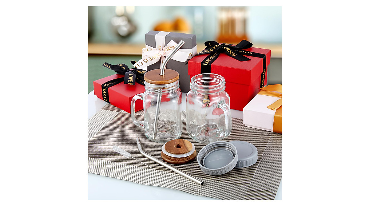 DRASTAR Mason Jar Cups with Lids & Straws - 16oz Glass Set