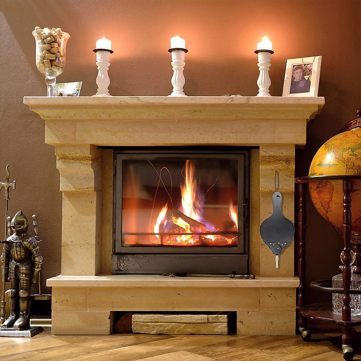 EsLuker.ly Fireplace Bellows Indoor 15.5" x 7", Wood Air Blower with Hanging Strap Cast Nozzle Hand Bellow Pump for Fire Pit Wood Stove BBQ Outdoor Camping (Black)