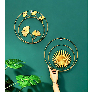 samanoya Iron Wall Sculptures,Metal Round Room Decor and Home Decor with Hanging Leaf Gingko Ornaments Great for Bedroom Hotel Wall Decoration (Gold（Round Square Suit）)