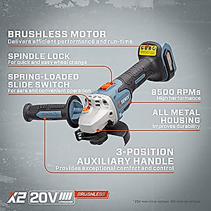 SENIX X2 20 Volt Max* 5-Inch Brushless Angle Grinder Tool, 8500 RPM Max, 3-Position Auxiliary Handle, Spring-Loaded Safety Slide Switch, 2.5 Ah Battery and Charger Included (PAX2125-M2)