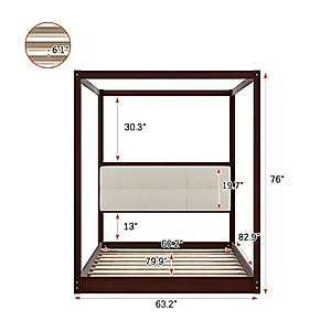 DOLPRNE Modern Queen Size Wooden Canopy Platform Bed with Upholstered Headboard,Multiple Choice for Kids Teen Adults Bedroom,Box Spring Not Required,Espresso