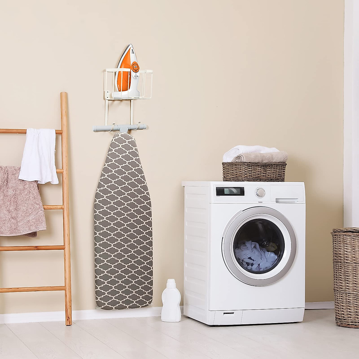 ORLESS Over The Door/Wall Mount Ironing Board Hanger, Laundry Room Iron and Ironing Caddy Board Storage Holder Cream