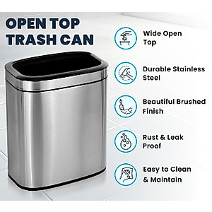 Alpine 20 Liter /5 Gallon Trash Can Open Top - Slim Stainless Steel Trash Can No Lid, Modern Silver Metal Wastebasket, Narrow Trash Can with Removable Trash Bin for Office Desk, Kitchen, Bathroom