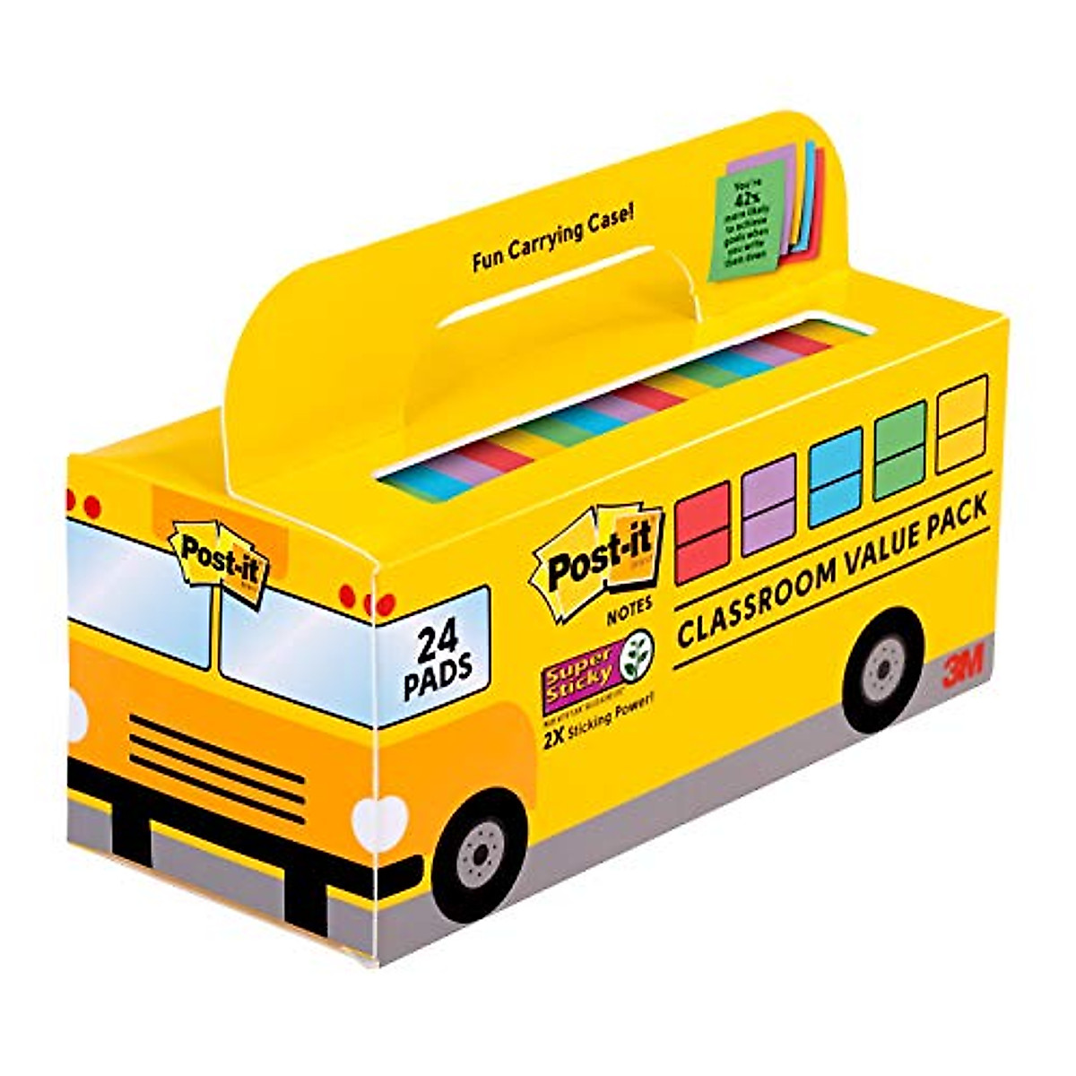 Post-it Super Sticky Notes, Classroom Value Pack, 24 Pads/Pack, 2X The Sticking Power, 3 in. X 3 in, Bright Colors (654-24SSAN-BUS)