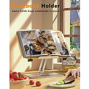 Book Stand for Reading, Amasrich Adjustable Holder with 360° Rotating Base & Page Clips, Foldable Desktop Ricer for Cookbook,Sheet Music,Laptop,Recipe,Textbook,Hands Free,Wood,Aluminium