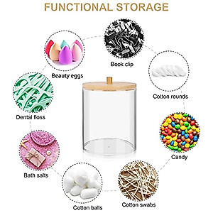 TCJJ 2 Pack 15 Oz Acrylic Qtip Holder Dispenser Bathroom Jars with Bamboo Lids, Cotton Ball Pad Round Swab Holder for Bathroom Accessories Storage Organizer