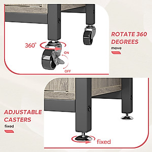 Bestier Microwave Stand with Storage Cabinet, Height-Adjustable Bakers Racks for Kitchen with Wheels & Feet, Industrial Rolling Coffee Bar Shelf with 10 S-Hooks Grey Wash