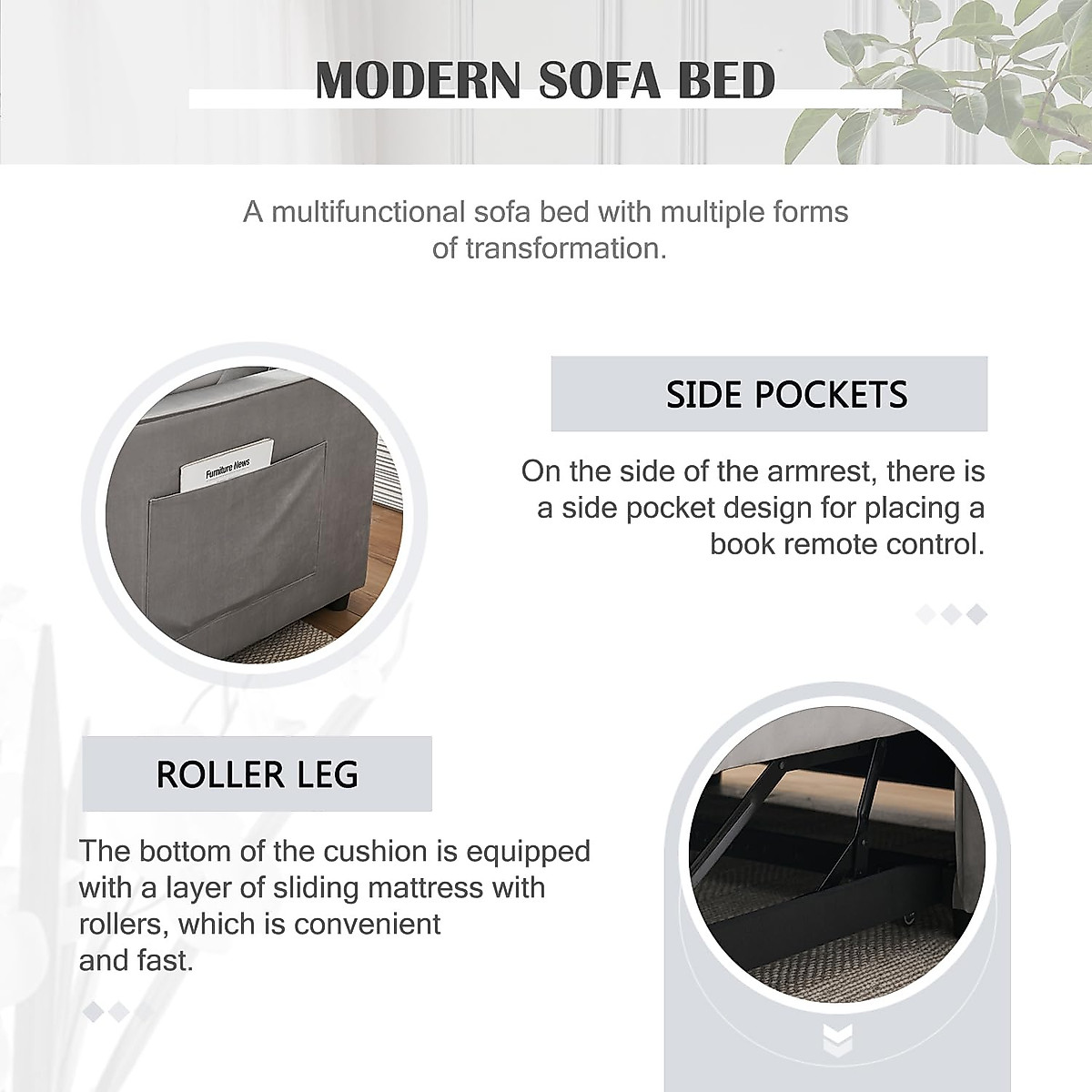 Hixkol Sleeper Sofa Bed, 3 in 1 Sofa Bed Pull Out Couch Bed with Adjustable Backrest, Modern Sofa Bed for Living Room, Convertible Sofa Bed for Bedroom. (Grey)