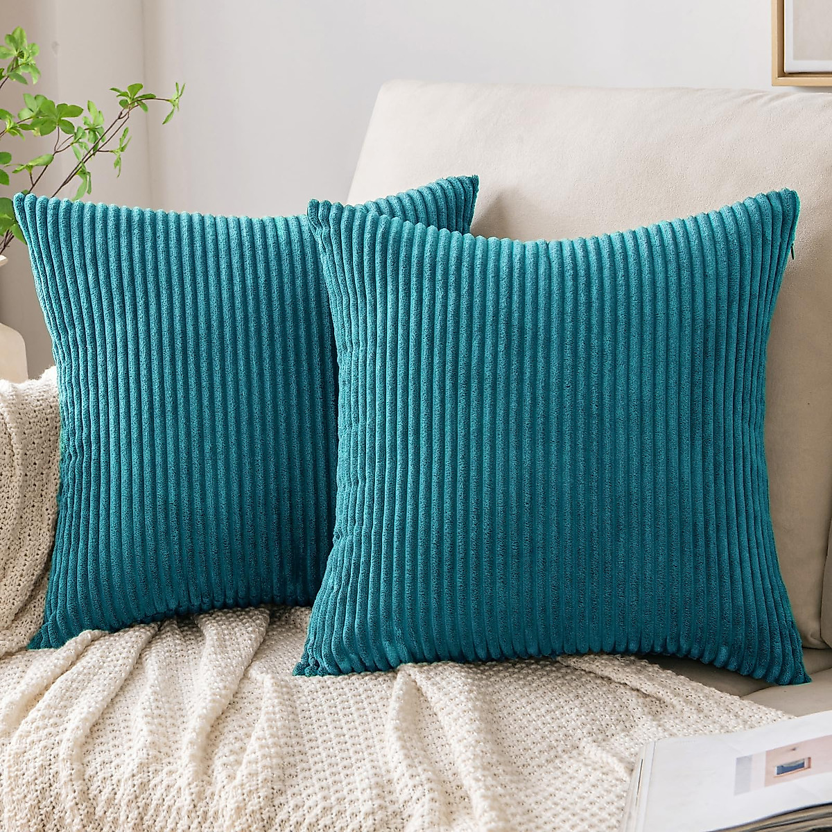 EMEMA Throw Pillow Covers Corduroy Decorative Soft Striped Square Cushion Covers Spring Pillowcases for Couch Sofa Bedroom Chair Car 20x20 Inch Pack of 2, Ocean Blue