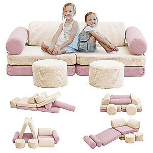 Modular Kids Play Couch, 10PCS Kids Modular Couch in Colorblocked Corduroy, Kids Couch for Playroom, Modular Couch Kids for Playing, Creativing, Modular Kids Couch (Beige, Light Pink)