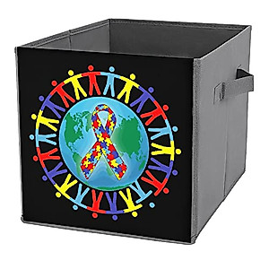 Autism Awareness Storage Bins Cubes Foldable Fabric Organizers with Handles Clothes Bag Book Box Toys Basket for Shelves Closet 10.6"