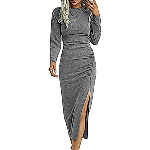 Long Sleeve Black Dress, Spring Dresses for Women Cruises Women's Wedding Dresses Guest Fall Women's Casual Solid Round Neck Slim Split Temperament Dress Dresses Slimming Dress (XXL, Light Gray)