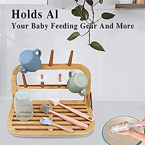 Bamboo Baby Bottle Drying Rack, Space Saving Kitchen Drying Rack & Bottle Holder for Plastic Bag, Cup, Glass, Dish, Accessories, Reusable Ziplock and Freezer Bag Dryer Rack