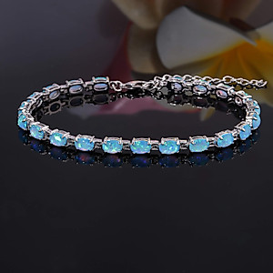 CiNily Blue Fire Opal Tennis Bracelet for Women 14K White Gold Plated Adjustable Oval Shape Gemstone Bracelet Opal Jewelry