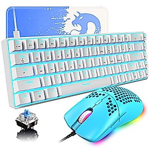 Keyboard and Mouse Gaming Set, 68 Keys Blue Switch 60% Mini Blue Backlit Mechanical Keyboard White, 6400DPI 7 Buttons Lightweight Programmable Mouse Green, USB Wired, Compatible with Windows Mac PS4
