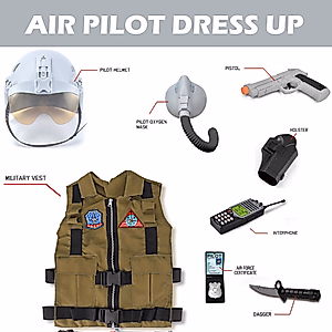 Liberty Imports Fighter Jet Pilot Kids Boy Costume Deluxe Dress Up, Air Force Military Role Play Set with Helmet, Toy Gun, Weapons, Accessories (9 Pcs)