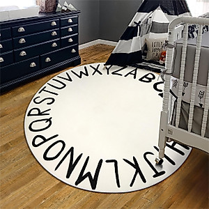 LIVEBOX ABC Play Room Round Kids Rug Circle for Playroom, Learning Nursery Rug Alphabet Washable Rug for Baby Boy and Girl Bedroom, Non-Slip Educationa Carpet for Toddlers (59",Black,Beige)