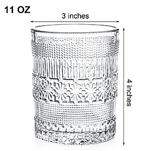 Coloch 6 Pack 11 Oz Romanstic Drinking Glasses, Embossed Water Glasses Vintage Heavy Base Whiskey Glasses Clear Glass Tumblers for Juice, Beverages, Cocktail, Coffee, Bar, Restaurant, Kitchen
