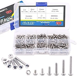 Glarks 230Pcs M3 Stainless Steel Allen Hex Drive Button Head Socket Cap Bolts Screws Nuts Assortment Kit (M3)