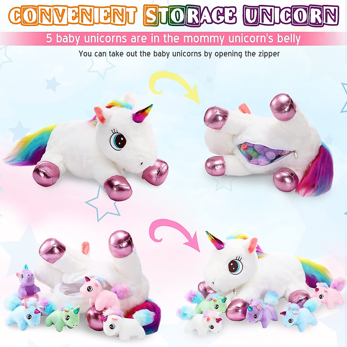 Sumind Rainbow Unicorn Mommy Stuffed Animal with 5 Cute Baby Unicorns in Her Tummy Plush Toy for Mama Girls Baby Toddler Kids 3 4 5 6 7 8+ YearChristmas Birthday Gifts(Adorable Style,White)