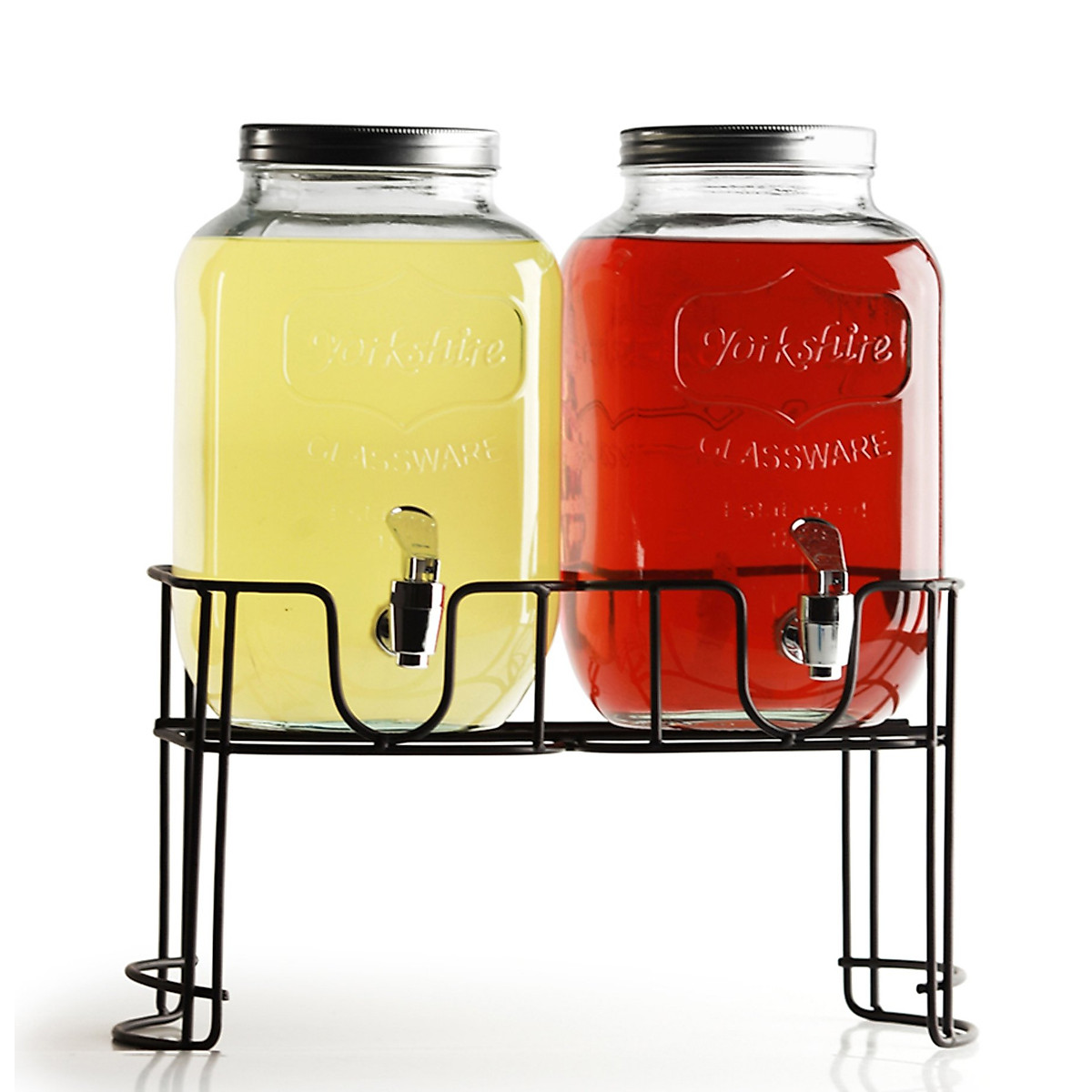 Circleware Double Yorkshire Mason Jar Glass Beverage Drink Dispensers with Metal Stand, 1 gallon, Clear