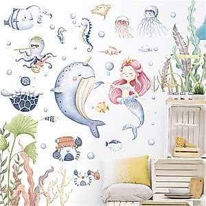 WAFT YEARN Vinyl Removable Lovely Mermaids Fish Underwater Ocean Animal Wall Decal Wall Sticker Decor for Nursery School Classroom Bedroom Bathroom Girls Room Playroom 29.1 in by 37 in