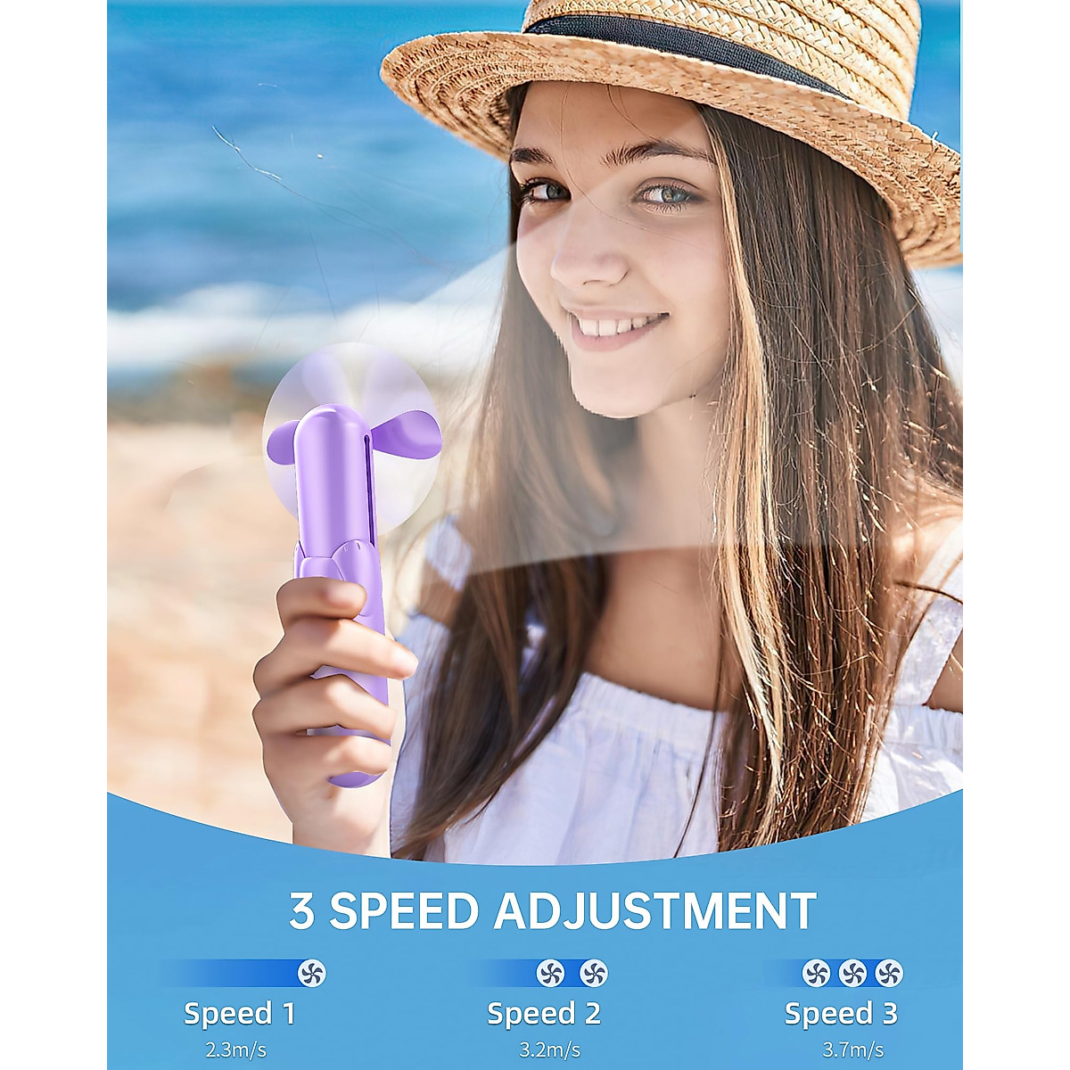 Jkjoy Mini Handheld Fan, Portable Hand Fan with USB Rechargeable, 2000 mAh Battery Operated Pocket Fan, 3 Speeds Adjustable, 2 IN 1 Small Personal Fan for Women Girls Travel Outdoor