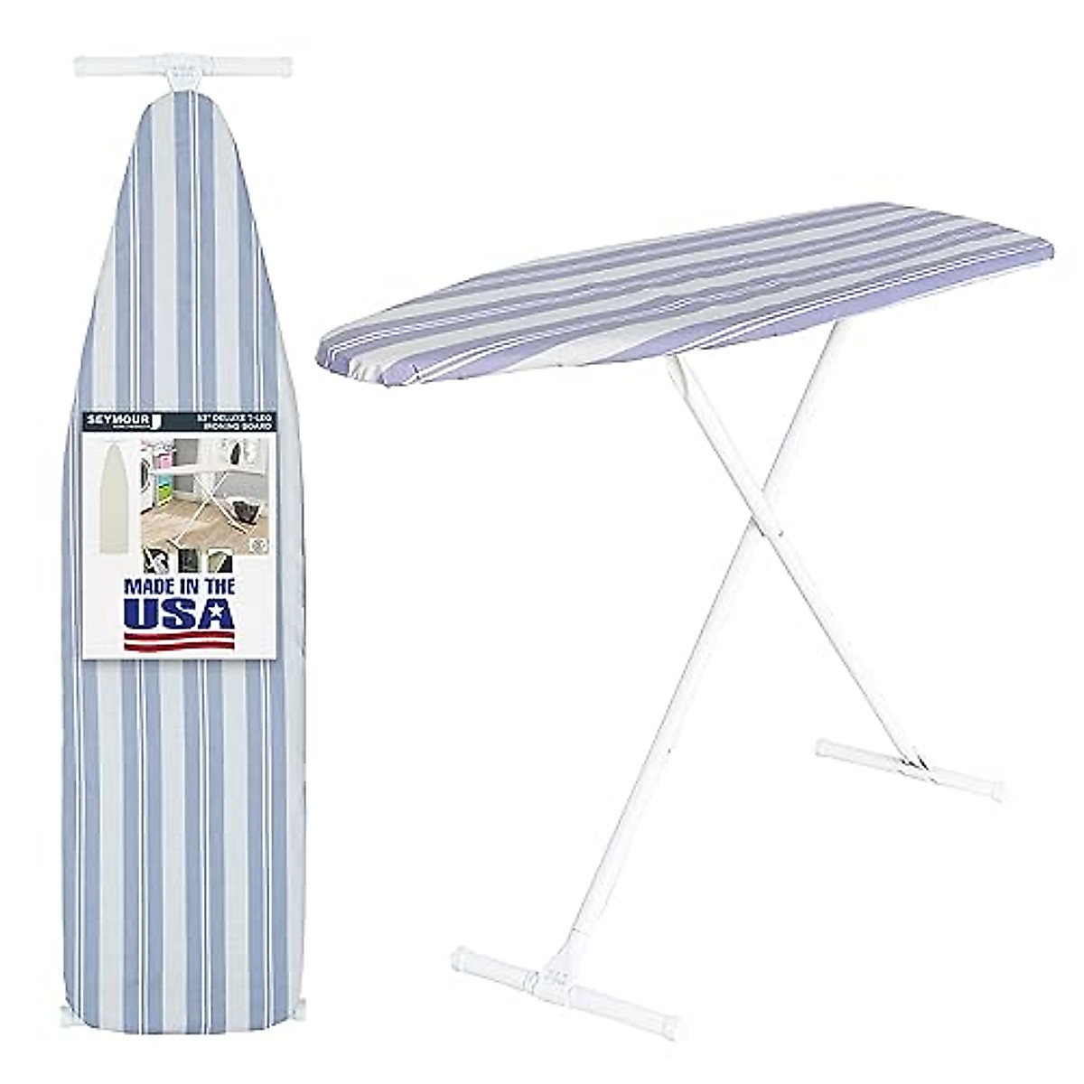 Ironing Board Full Size; Made in USA by Seymour Home Products (Blue Stripe) Bundle Includes Cover + Pad | Iron Board w/Steel T-Legs Adjustable Tabletop up to 36" High; Perforated Top for Steam Flow