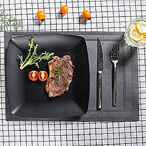 Melamine 12pcs Classic Square Dinnerware Set, Concise Plates and Bowls Set, Service for 4, Dishwasher Safe (Black)