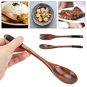 Pssopp 6Pcs Japanese Spoon Fork Set Wooden Spoon Fork Japanese Wooden Tableware Wooden Ladle Spoon and Fork Set for Cooking Stirring Eating