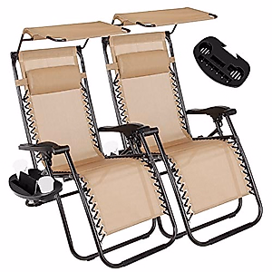 Vosson Folding&Adjustable Zero Gravity Lounge Chair 2 Pack Zero Gravity Chair for Patio Beach Outdoor Camping Pool Yard with Pillow&Canopy Shade&Cup Holder Tray(Tan)