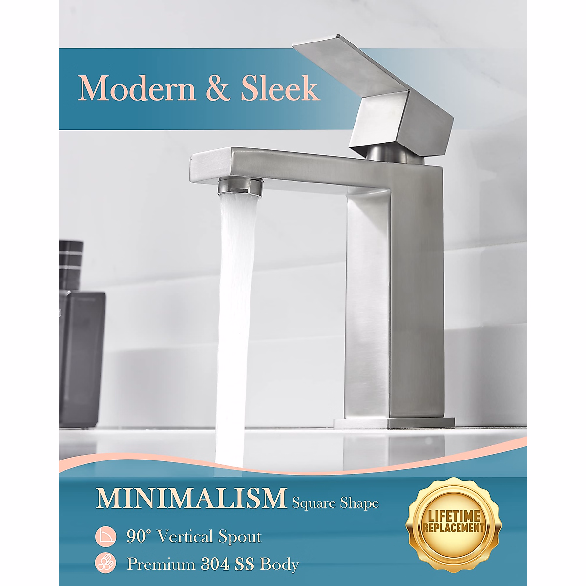 KUZOR Bathroom Faucets Single Hole, Brushed Nickel Bathroom Sink Faucet One Hole 1 Handle, 304 Stainless Steel Modern Faucet for Bathroom Sink Square