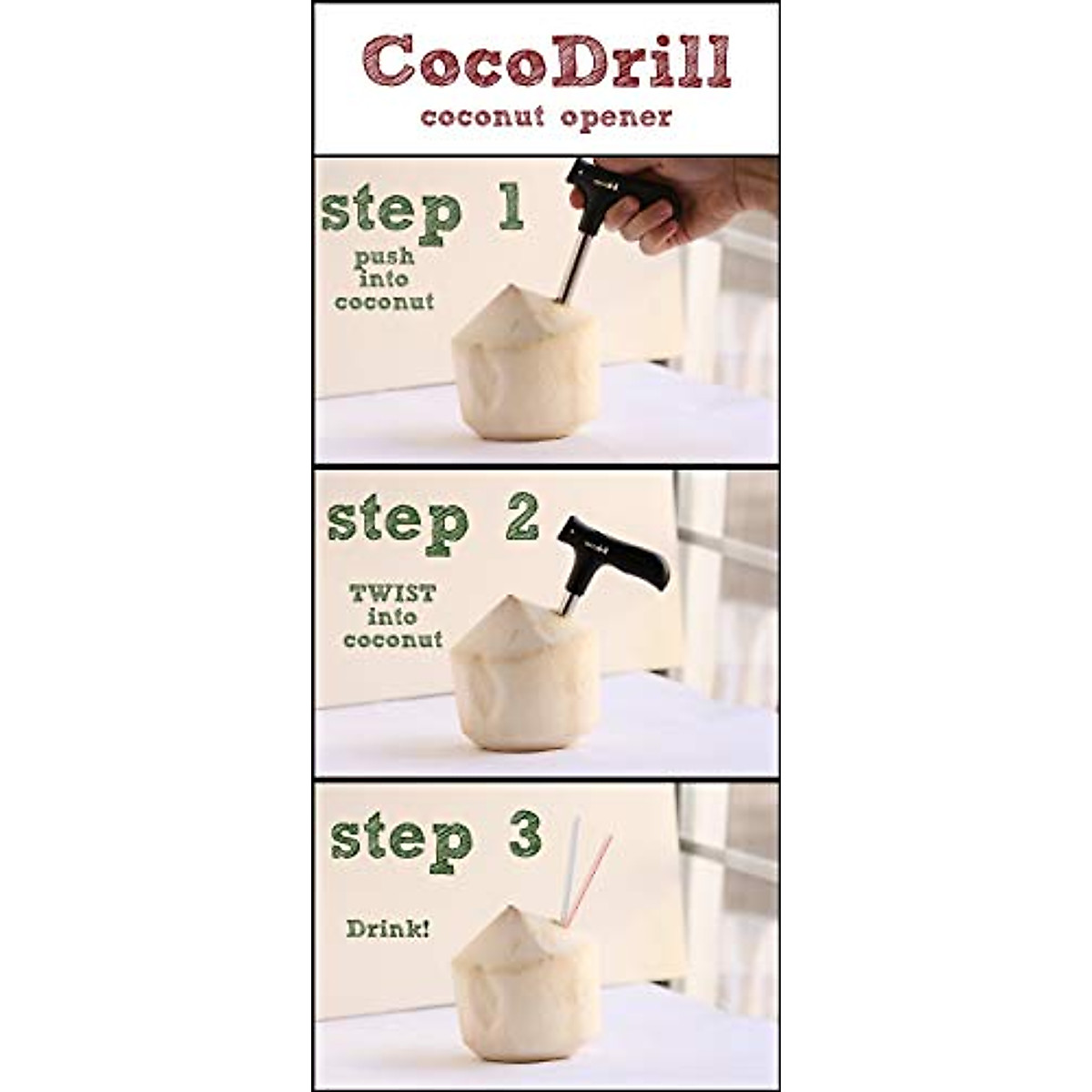 CocoDrill Young Coconut Opening Tool -(Punch Tap) Knife Opener for Raw Coco Water Juice - Makes Straw Hole! (Fresh, Thai, Hawaii)