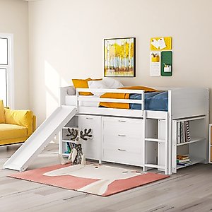 Harper & Bright Designs Twin Loft Bed with Slide and Storage, Solid Wood Low Loft Bed with Attached Bookcases and Separate 3-tier Drawers, for Kids Girls Boys (White)