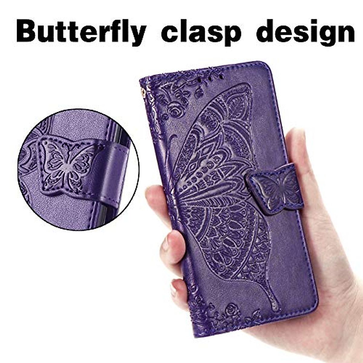 Wallet Case for Samsung Galaxy A14 5G,PU Leather Wallet Flip Protective Phone Case Wrist Strap Card Slots Holder Pocket Emboss Butterfly Flower Stand Case for Samsung Galaxy A14 5G Purple