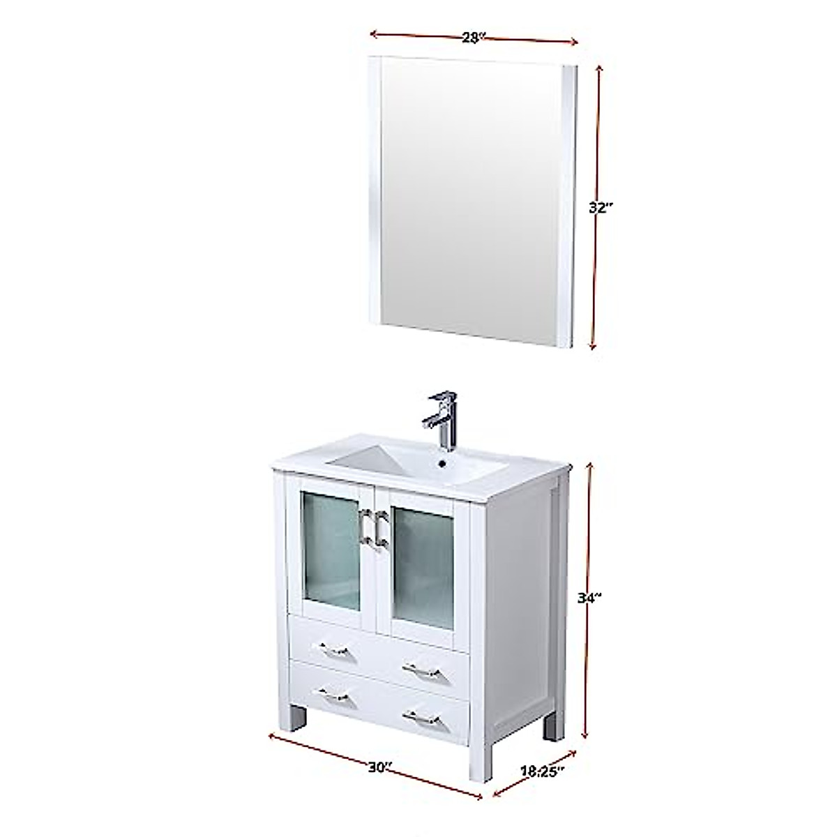 Lexora Volez 30 in W x 18.25 in D White Bath Vanity, White Ceramic Top and 28 in Mirror