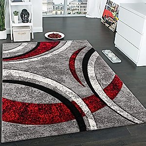 Paco Home Designer Rug with Contour Cut Striped Model in Grey Black and Red Mixture, Size:5'3" x 7'7"